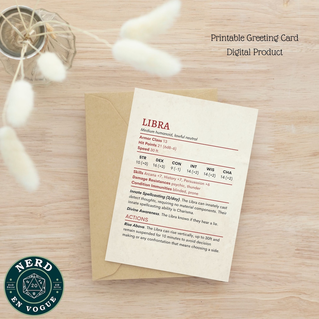Libra Stat Block Dnd Birthday Card, Astrology Greeting Card for DM ...