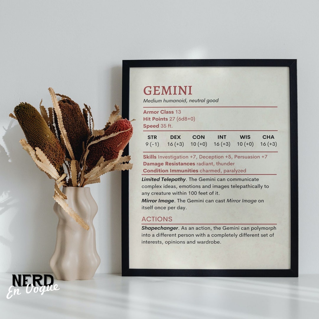 Dnd Stat Block for Gemini Birthday Gift, Dnd Office Decor, Dnd Tavern ...