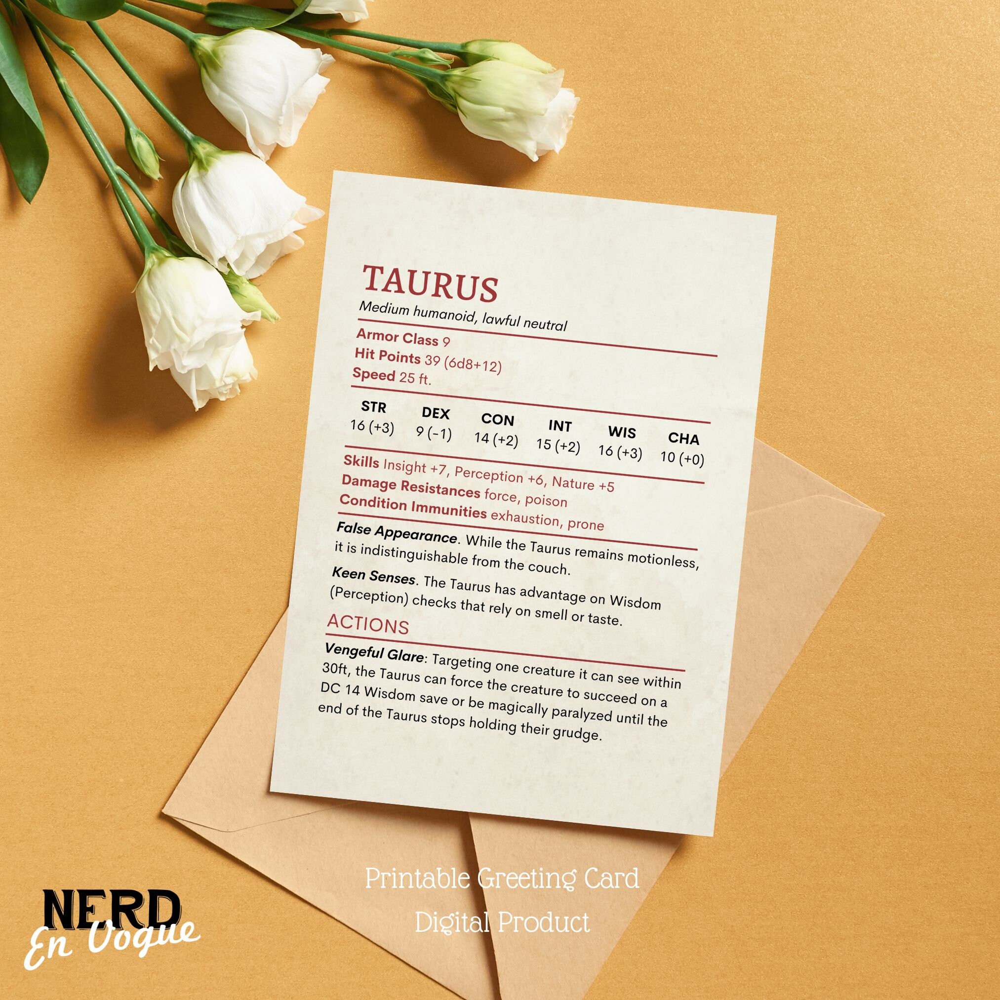 Taurus Stat Block Dnd Birthday Card Astrology Greeting Card - Etsy