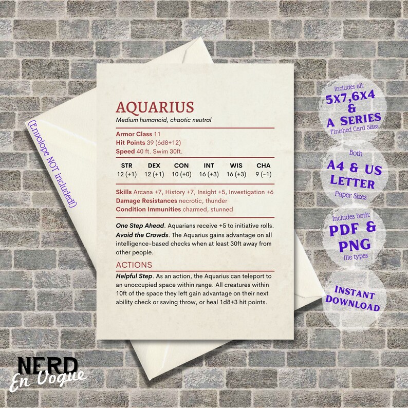 Dnd Stat Block Card for Aquarius Birthday: Printable Astrology Greeting ...