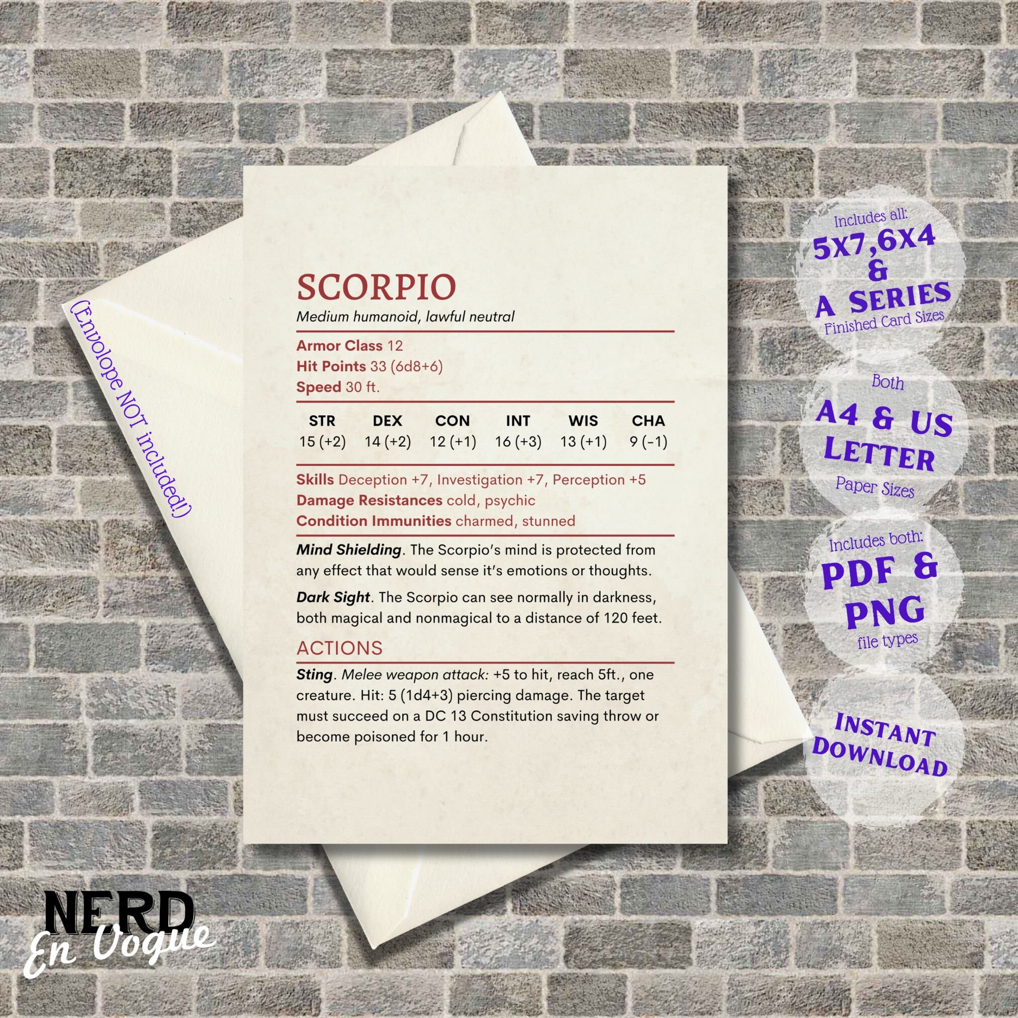Dnd Stat Block Card for Scorpio Birthday: Printable Astrology Greeting ...