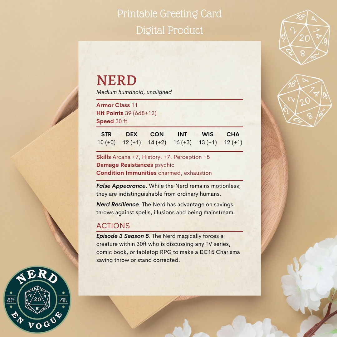 Nerd Stat Block Dnd Card for Dungeon Master Thank You, Dnd Player Gift ...