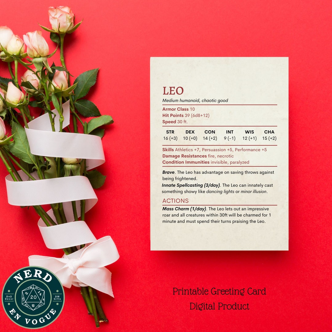 Leo Stat Block Dnd Birthday Card, Astrology Greeting Card for DM Thank ...