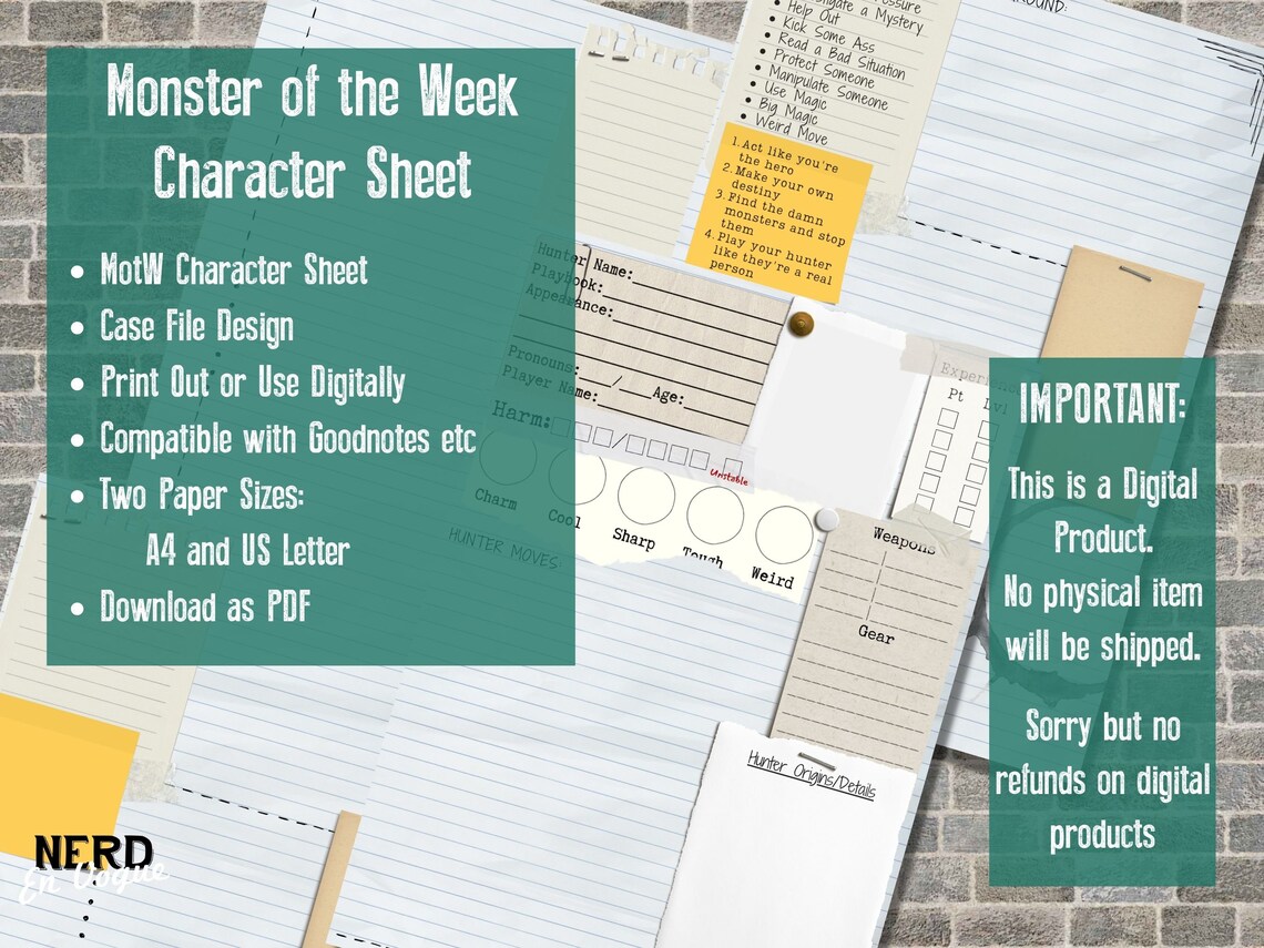 Monster of the Week Character Sheet MOTW RPG Printables - Etsy