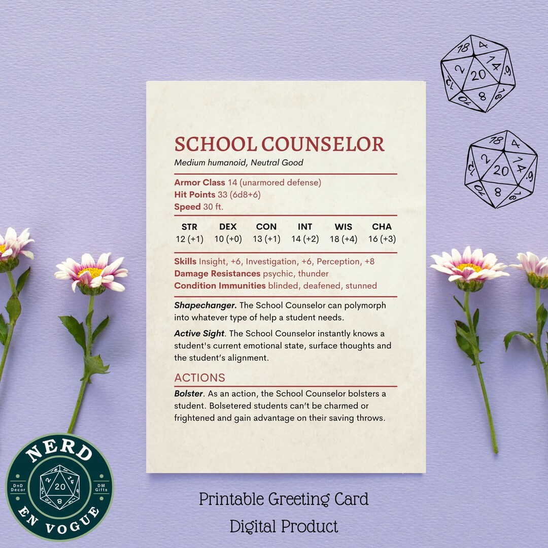 Dnd School Counselor Card: Printable Dungeons and Dragons Themed Thank ...