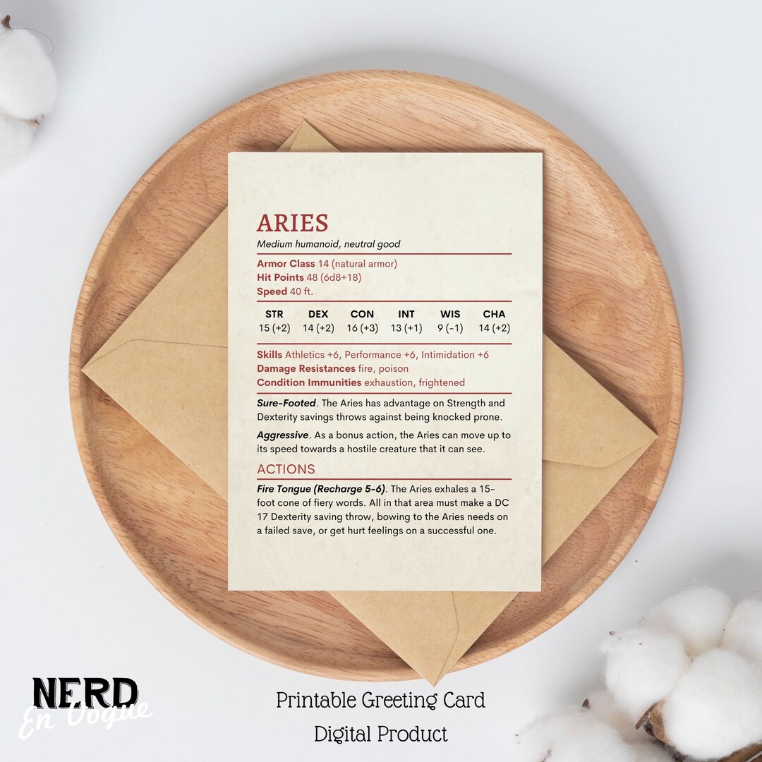 Aries Stat Block Dnd Birthday Card, Astrology Greeting Card for Dungeon ...