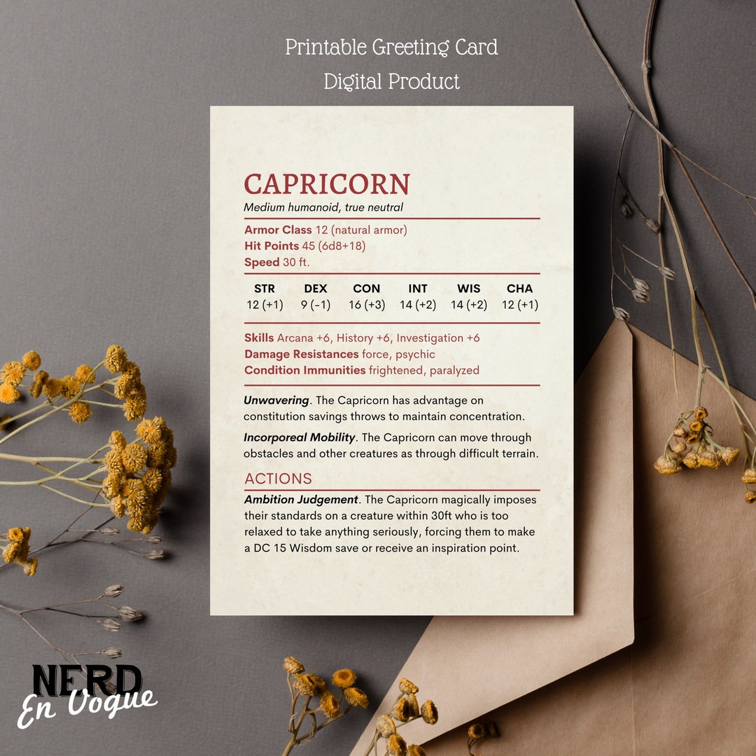 Capricorn Stat Block Dnd Birthday Card, Astrology Greeting Card for ...