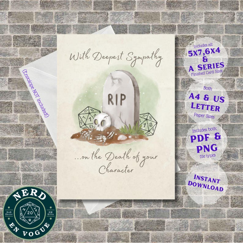Funny Card for Dnd Character Death, Nerdy Deepest Sympathy, Dungeons ...