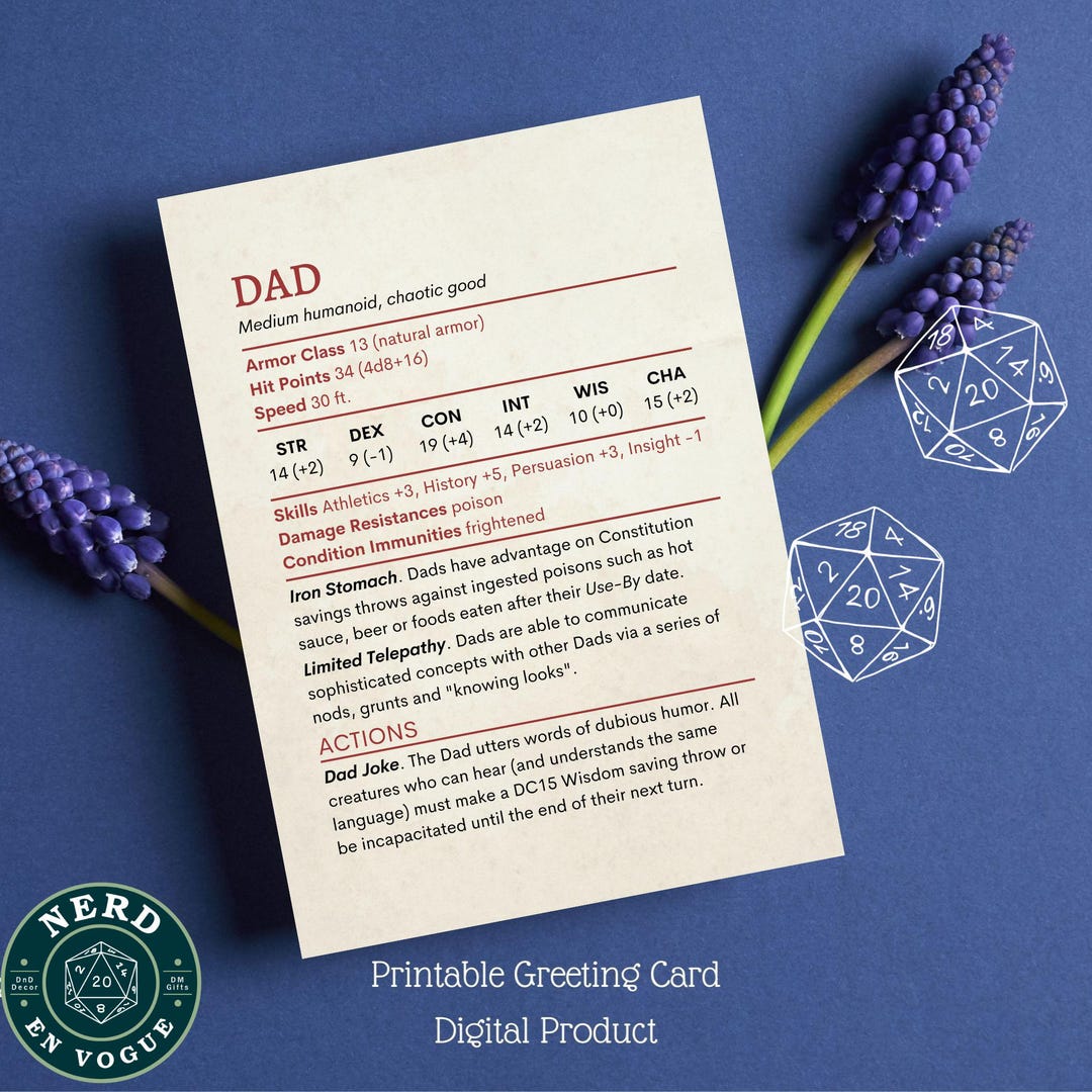 Dad Stat Block Dnd Card for Father's Day, Dad Birthday, Thank You or ...