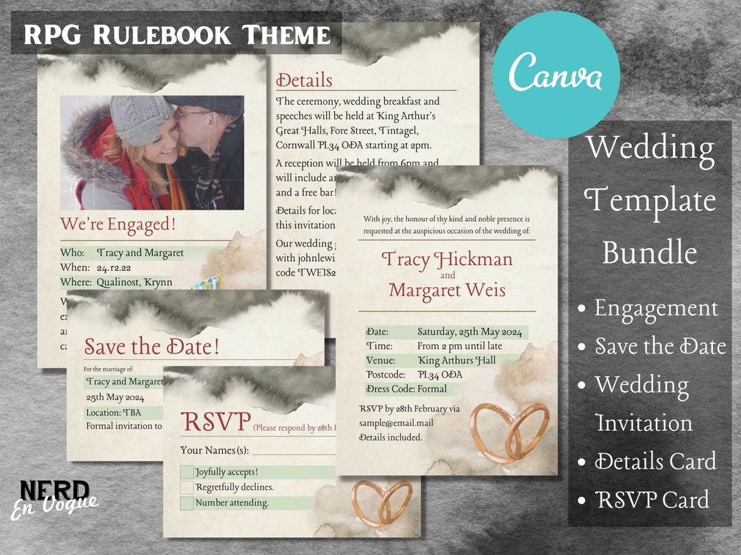 Dnd Wedding Invitation Canva Template Bundle, RPG Rulebook-themed Fantasy Wedding Stationary ...