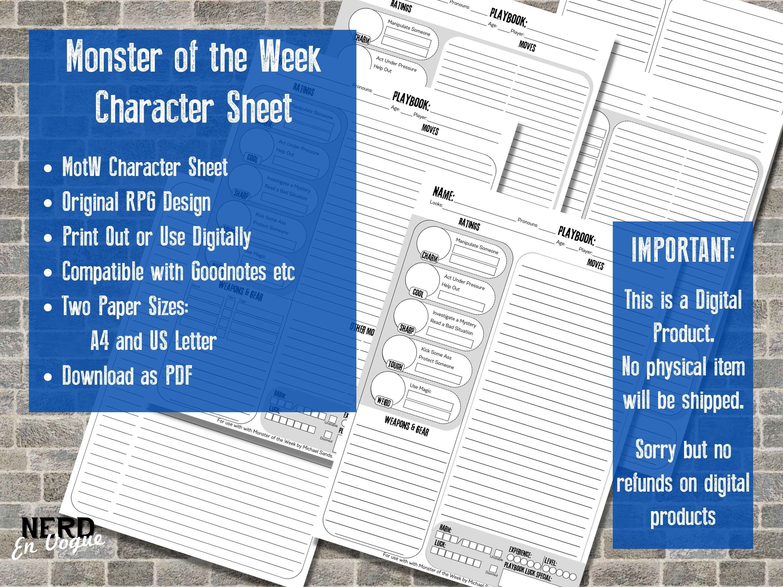 Monster of the Week Character Sheet for the RPG MOTW Hunter - Etsy UK