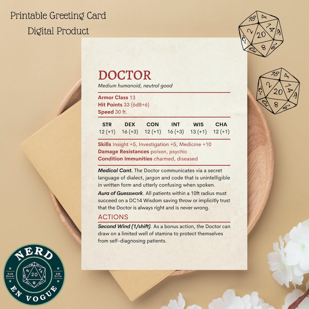 Doctor Dnd Stat Block Card for Funny Doctor Gift, Printable Doctor ...