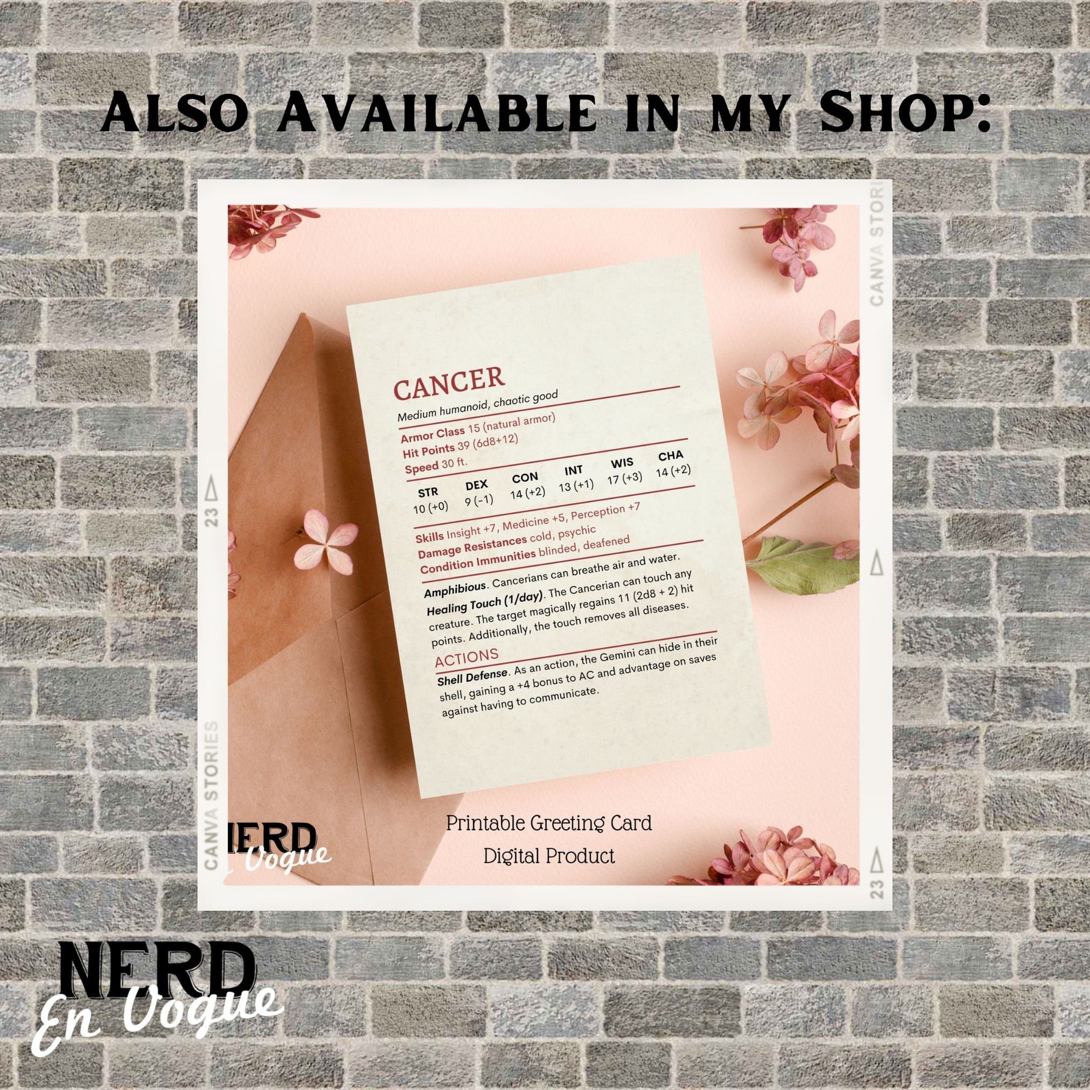 Dnd Stat Block for Cancer Birthday Gift, Dnd Office Decor, Dnd Tavern ...