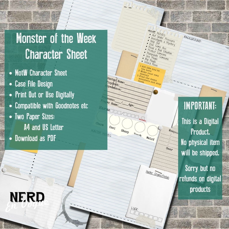 Monster of the Week Character Sheet, MOTW RPG Printables, Goodnotes ...