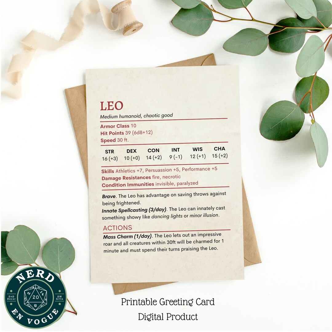 Leo Stat Block Dnd Birthday Card, Astrology Greeting Card for DM Thank ...