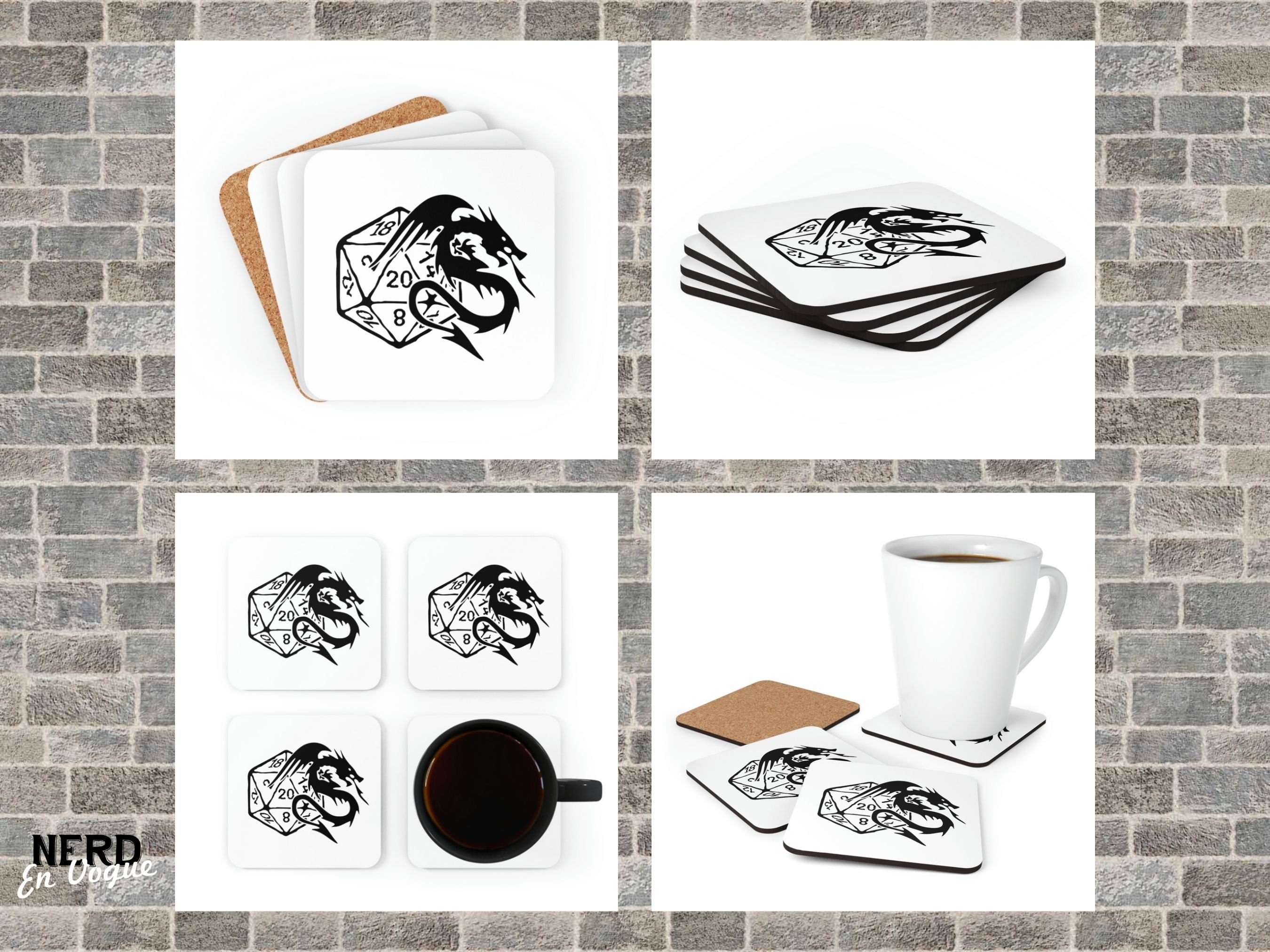 Dnd Coaster Set With D20 Dice and Dragon Design, Dnd Tavern Decor, Set ...