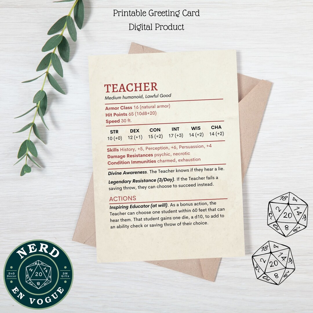 Dnd Teacher Card for Teacher Appreciation, Funny Nerdy Teacher Gift ...