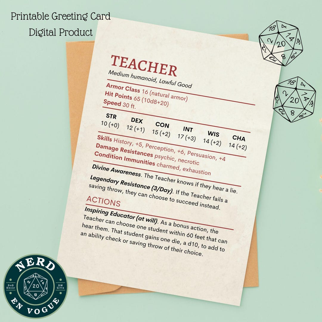Dnd Teacher Card for Teacher Appreciation, Funny Stat Block,nerdy ...