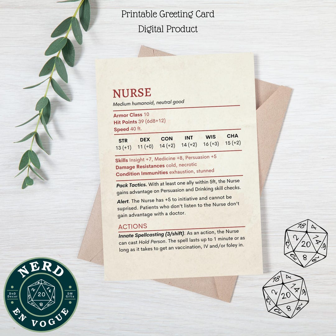 Nurse Dnd Stat Block Card for Funny Nurse Gift, Printable Nurse ...