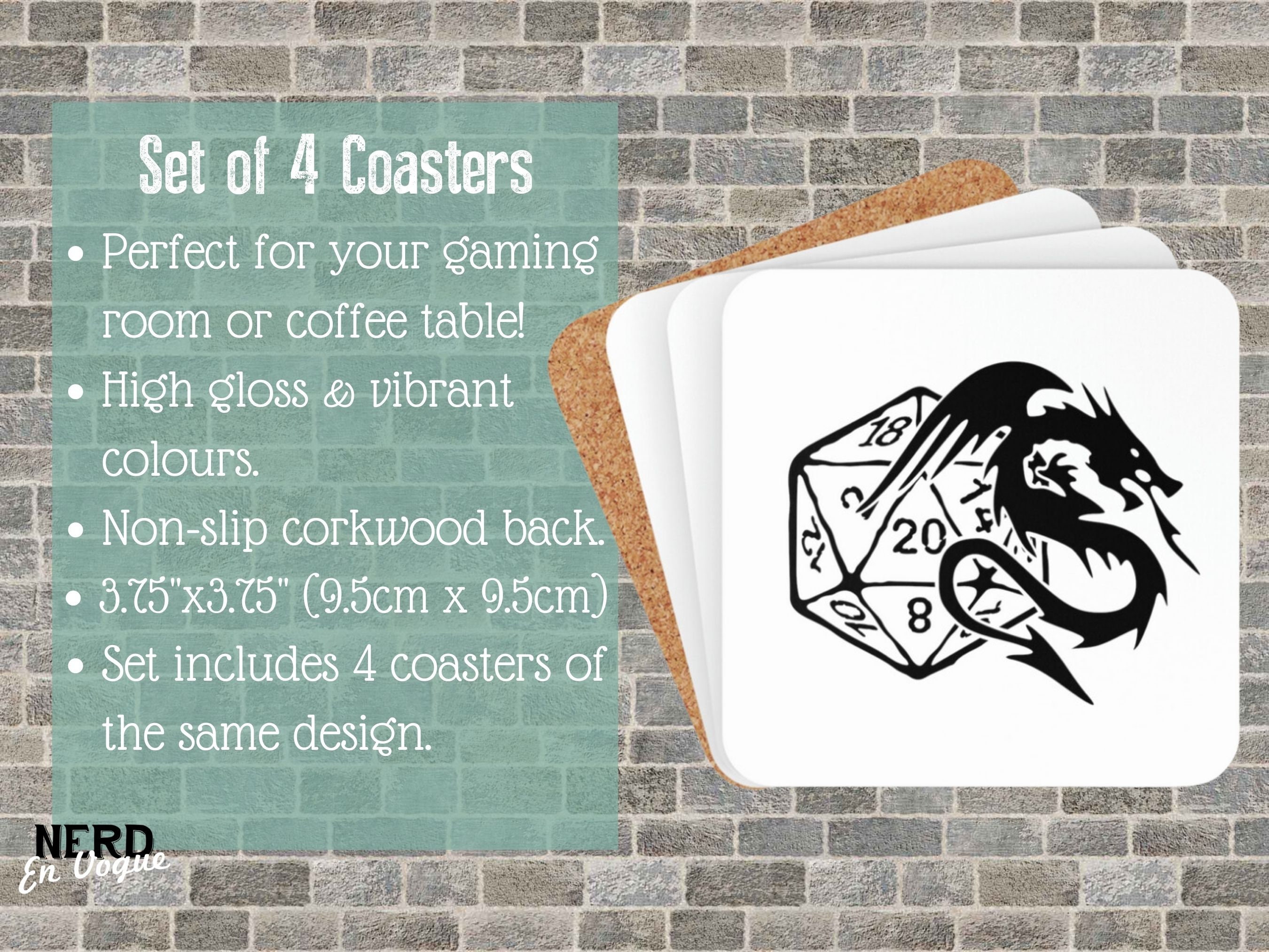 Dnd Coaster Set With D20 Dice and Dragon Design, Dnd Tavern Decor, Set ...