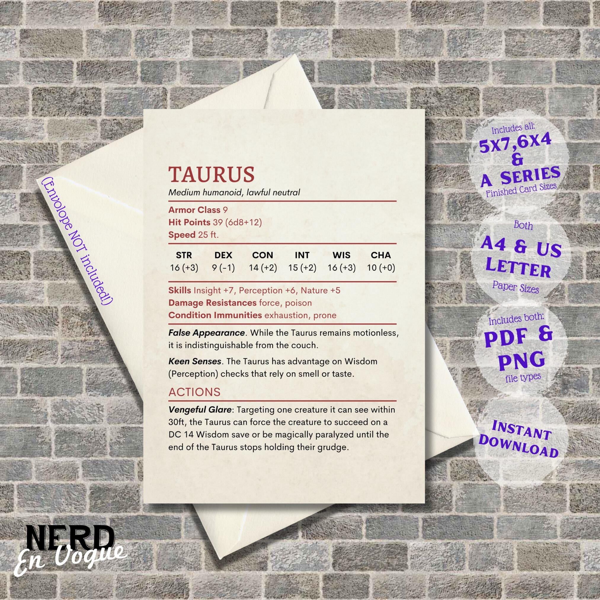 Taurus Stat Block Dnd Birthday Card Astrology Greeting Card - Etsy