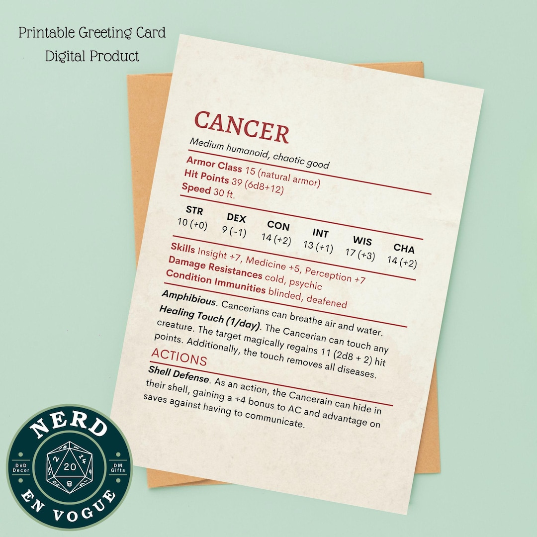 Dnd Stat Block Card for Cancer Birthday: Printable Astrology Greeting ...
