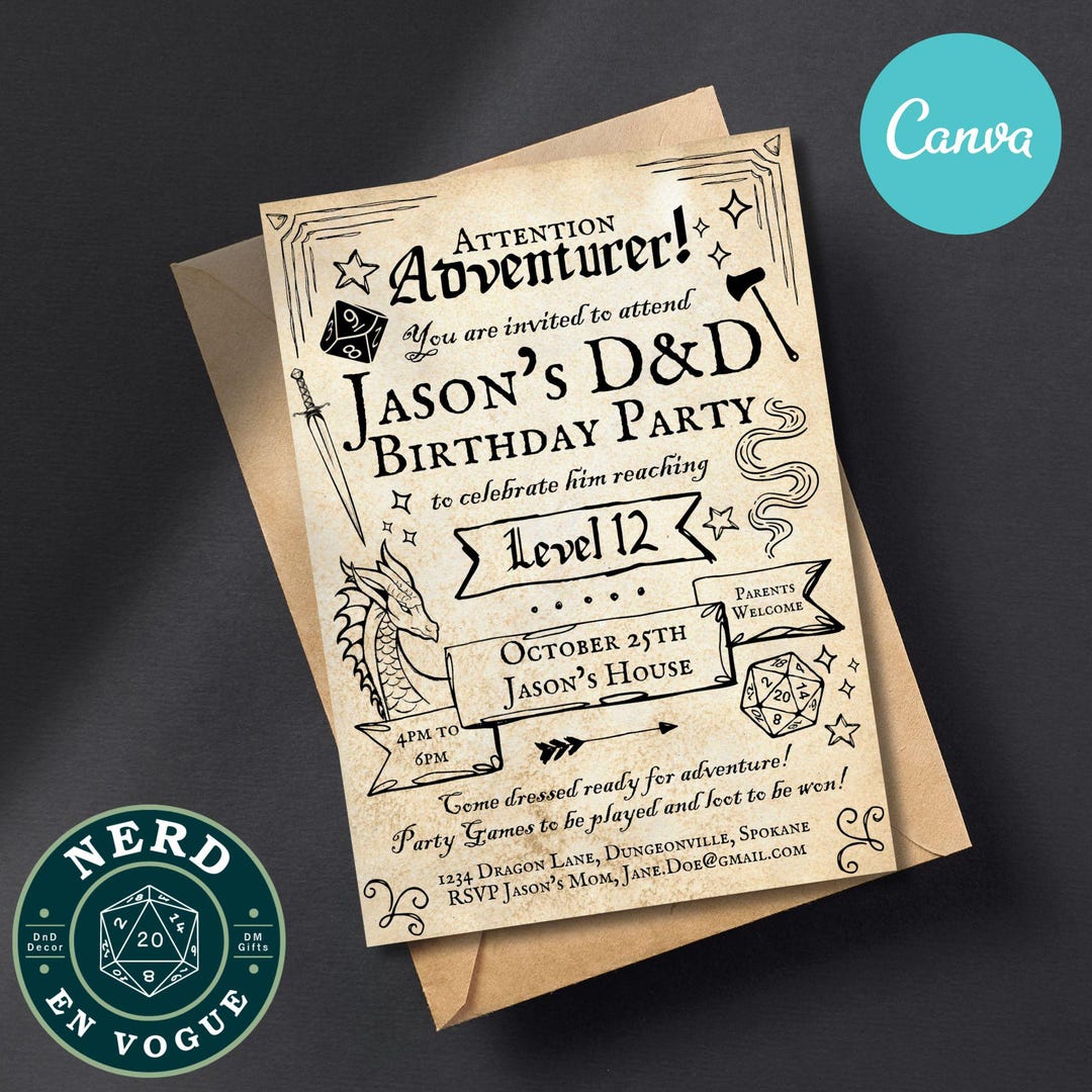 Dnd Birthday Party Invite Template, Dungeons and Dragons Invitations ...