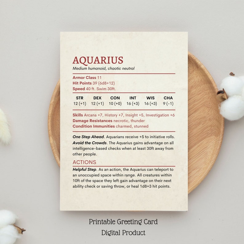 Dnd Stat Block Card for Aquarius Birthday: Printable Astrology Greeting ...