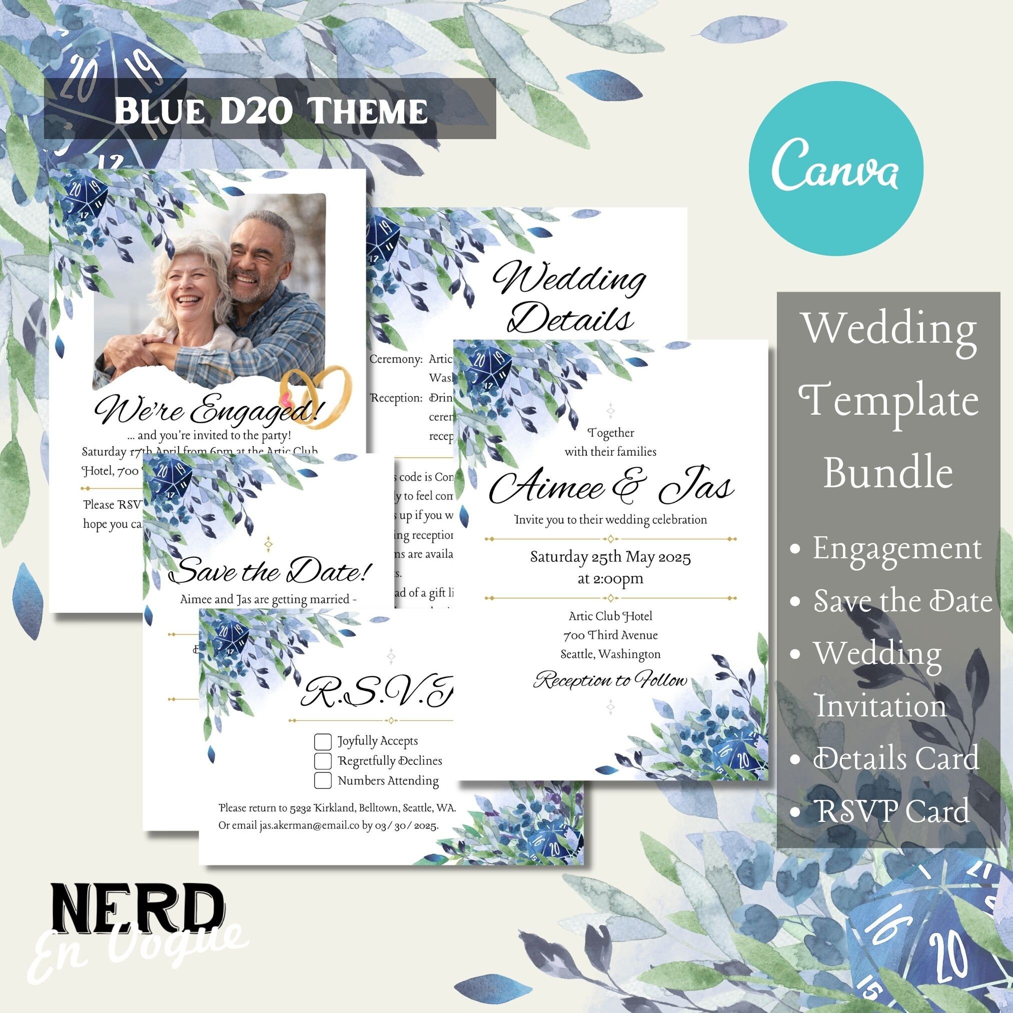 Dnd Wedding Invitation Canva Template Bundle, Watercolour Lavendar D20 ...