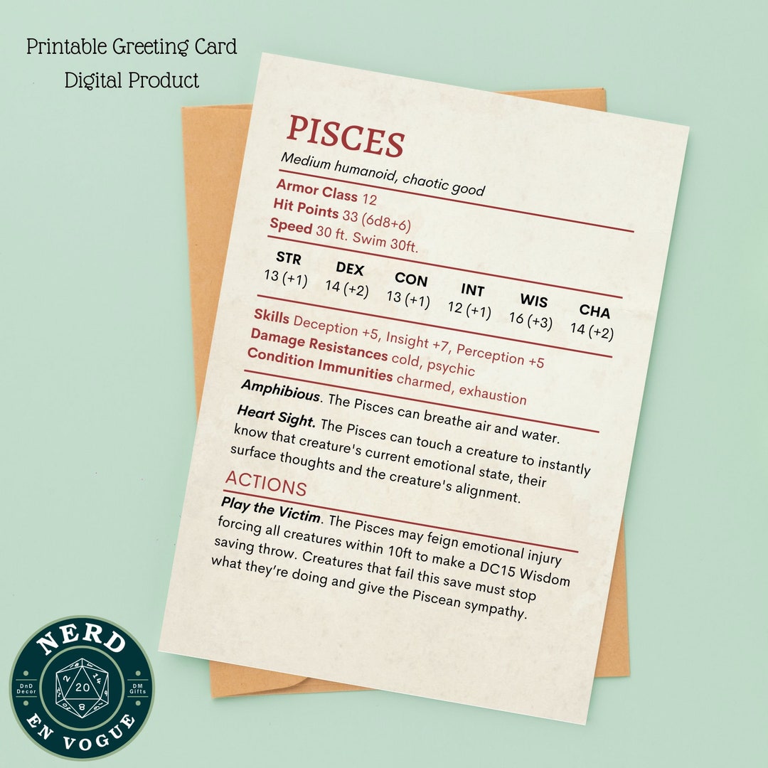Pisces Stat Block Dnd Birthday Card, Astrology Greeting Card for DM ...