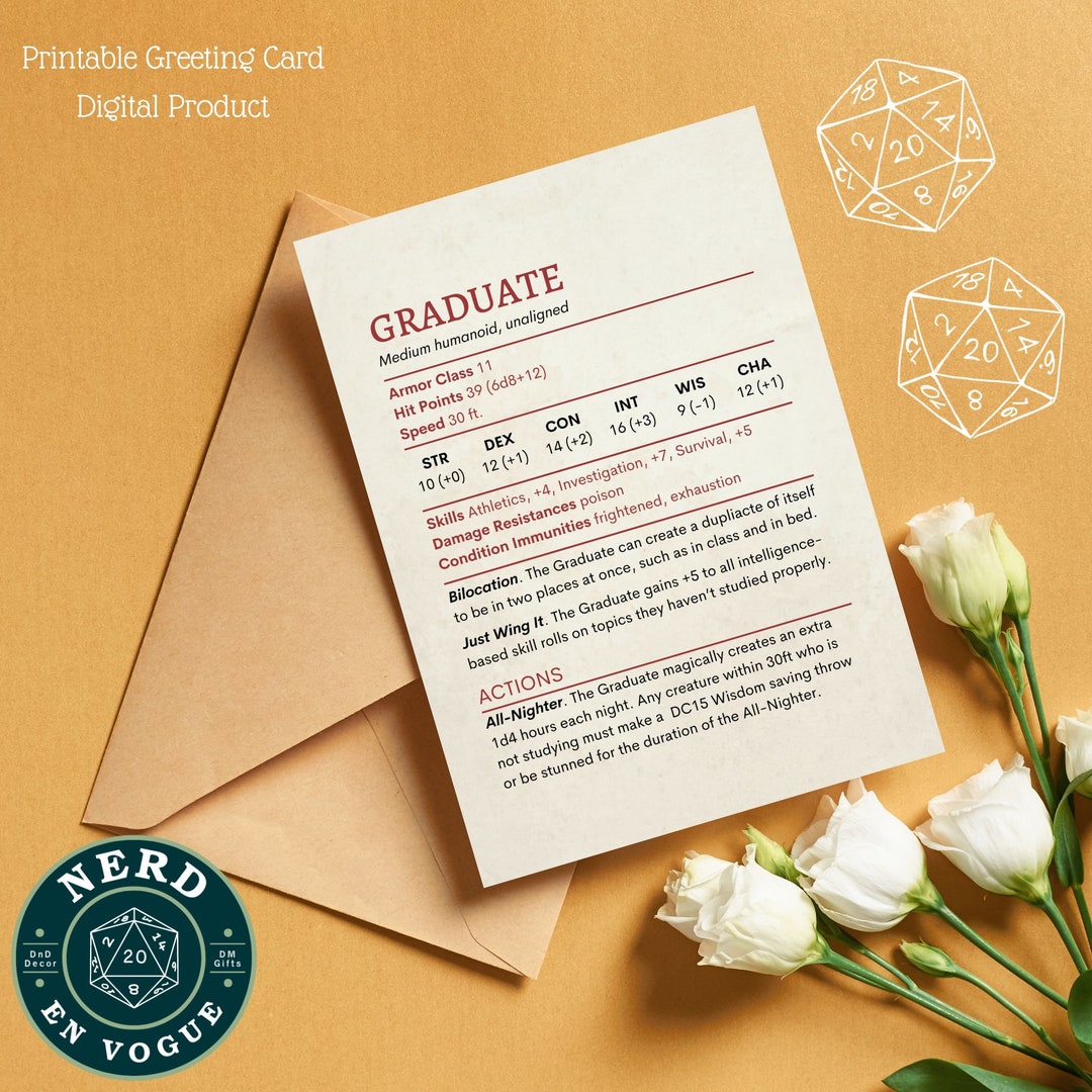 Grad Stat Block Dnd Card for Graduate Congratulations, Dnd Gift for ...