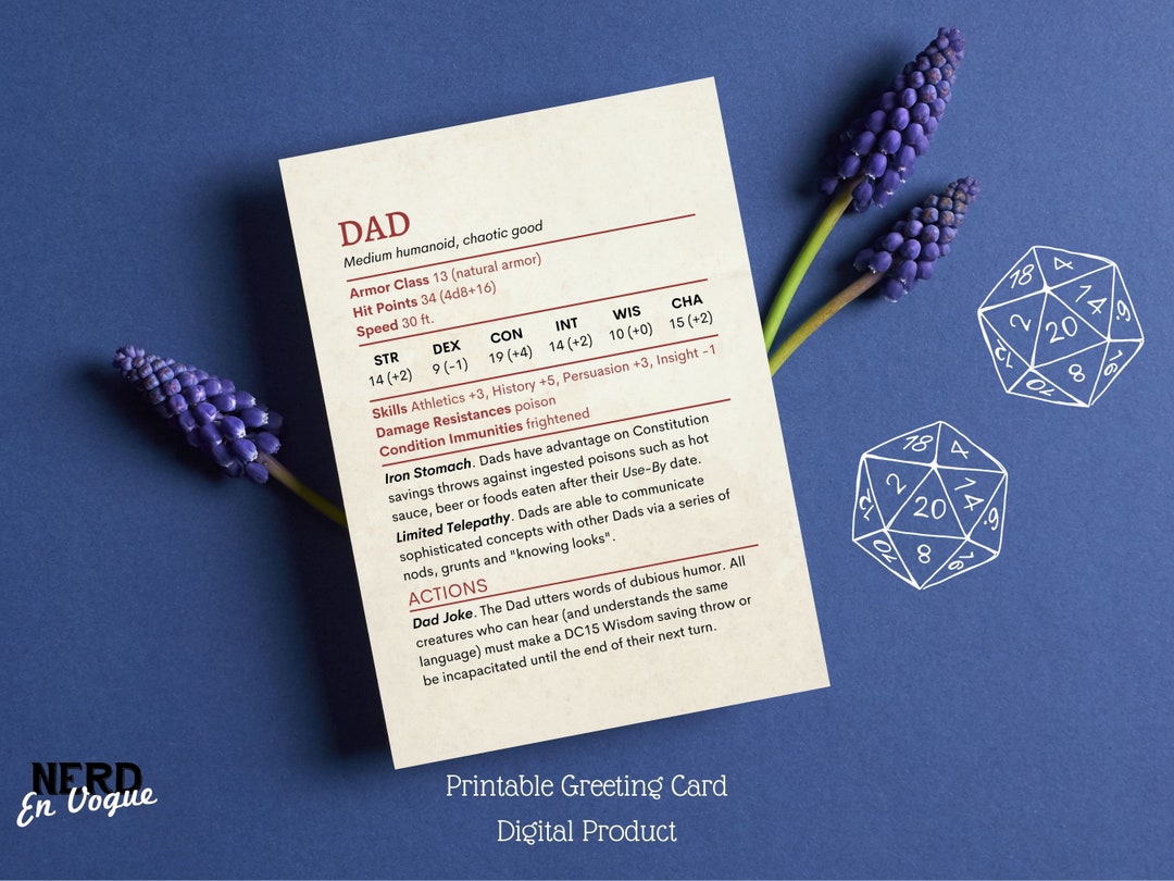 Dad Stat Block Dnd Card for Father's Day, Dad Birthday, Thank You or ...
