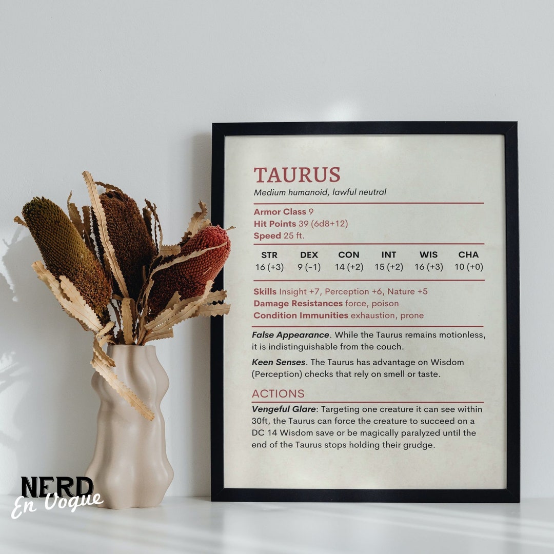 Dnd Stat Block for Taurus Birthday Gift, Dnd Office Decor, Dnd Tavern ...