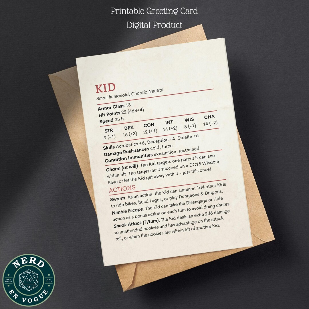 Dnd Kids Stat Block Greeting Card: Children's Birthday Card for ...