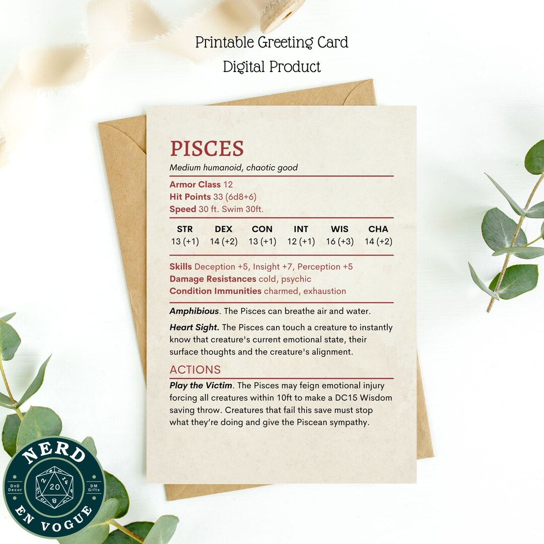 Pisces Stat Block Dnd Birthday Card, Astrology Greeting Card for DM ...