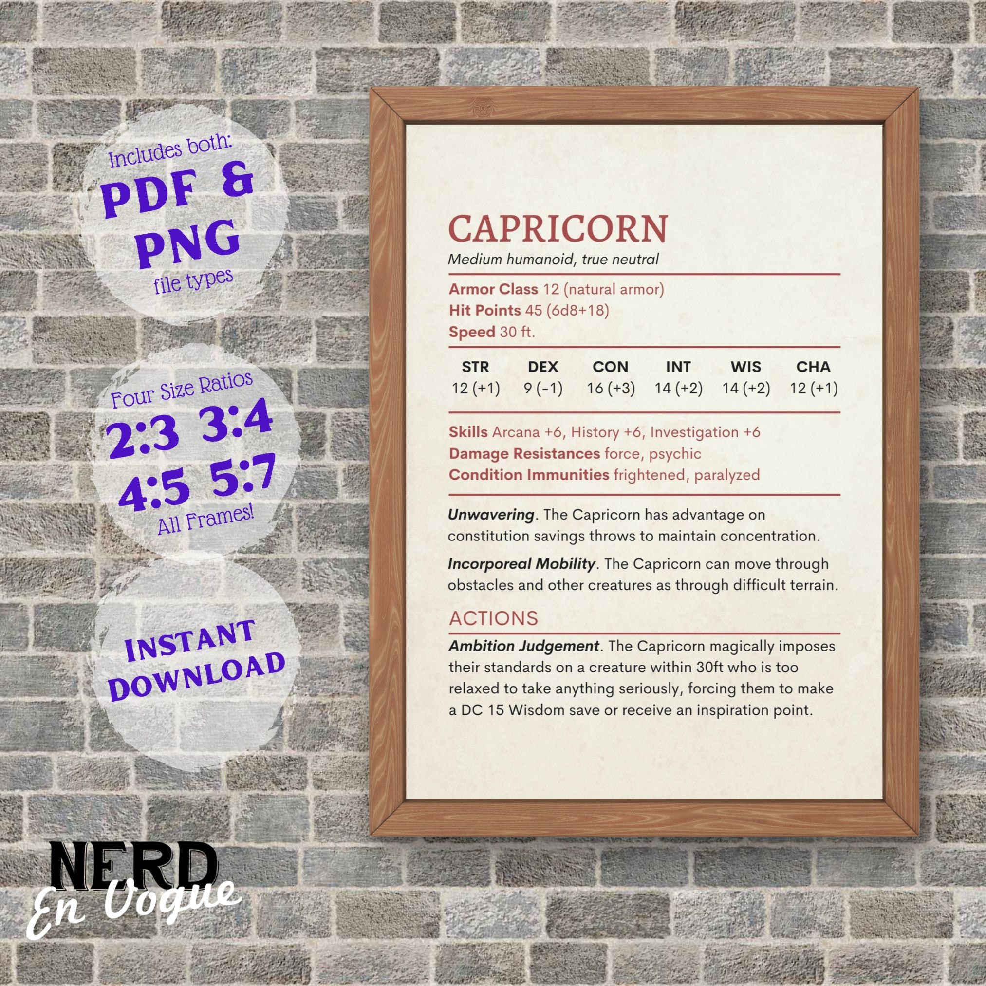 Dnd Stat Block for Capricorn Birthday Gift, Dnd Office Decor, Dnd ...