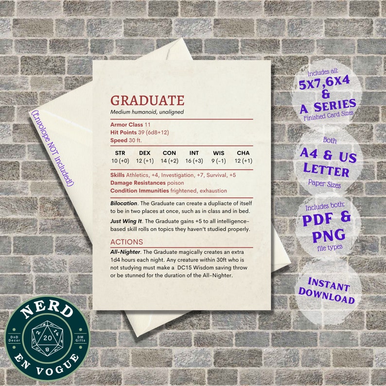 Grad Stat Block Dnd Card for Graduate Congratulations, Dungeons and ...