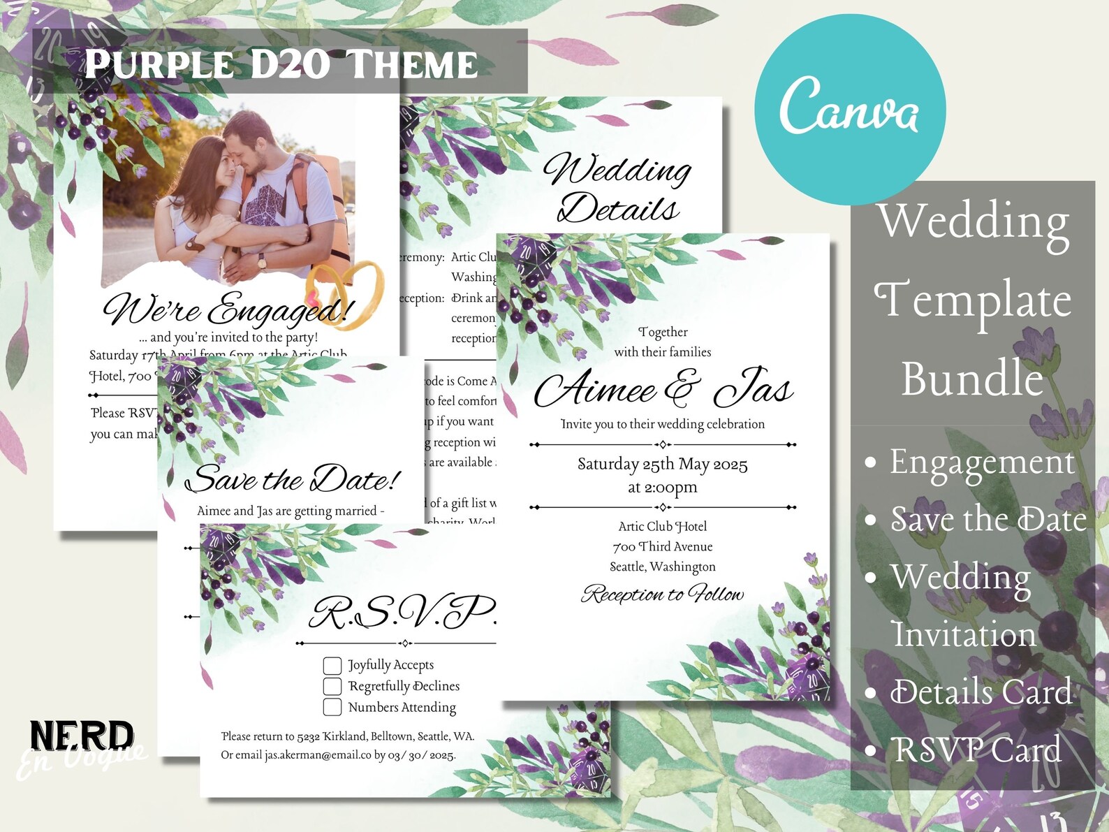 Dnd Wedding Invitation Canva Template Bundle, Watercolour Lavendar D20 ...