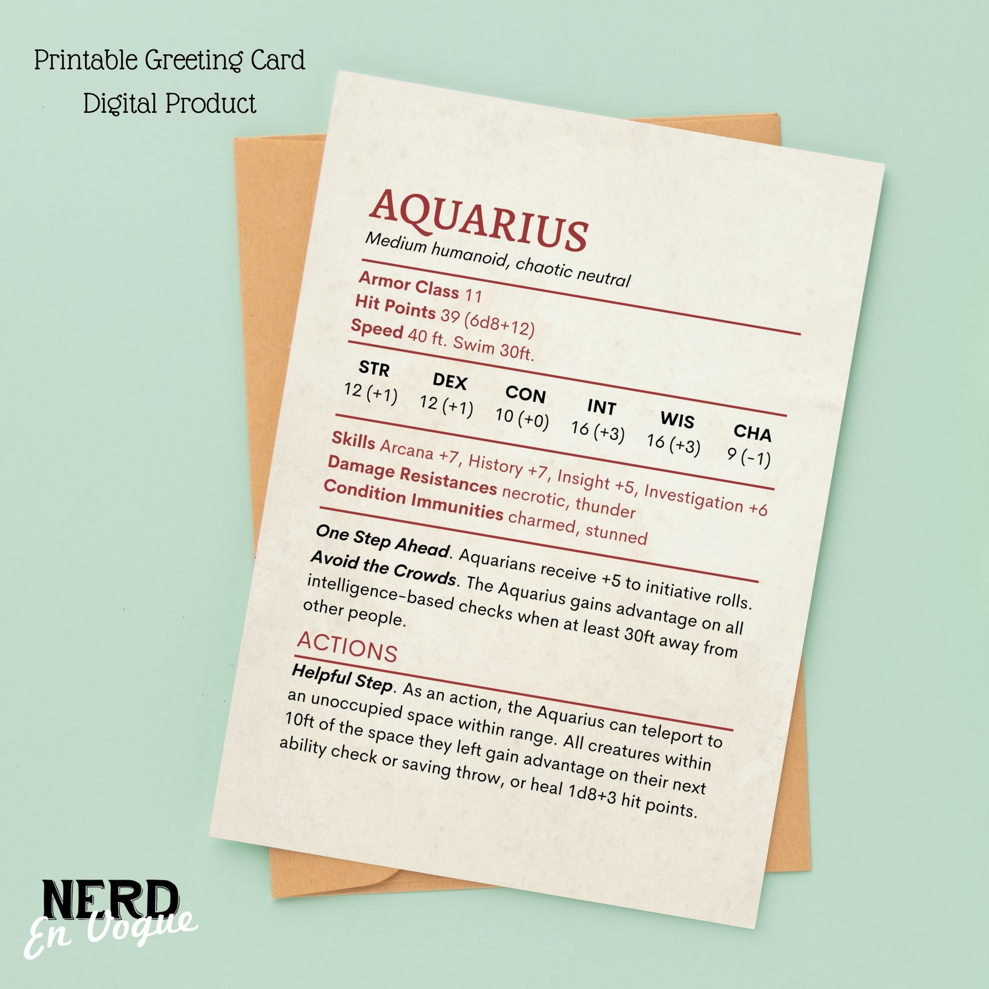 Aquarius Stat Block Dnd Birthday Card, Astrology Greeting Card for ...