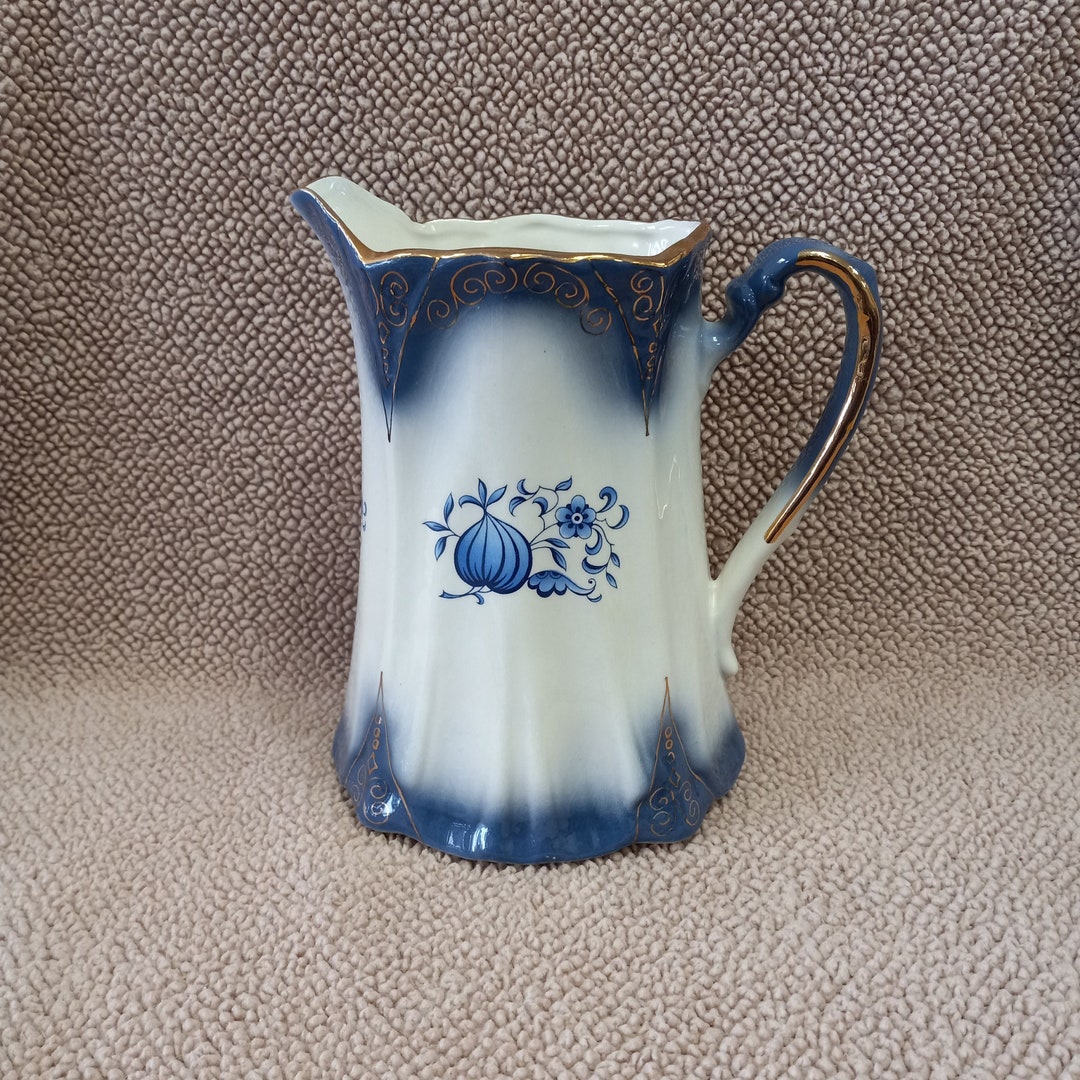 Vintage Blue Onion Pitcher: Imperial Pottery, Golden Accents - Etsy
