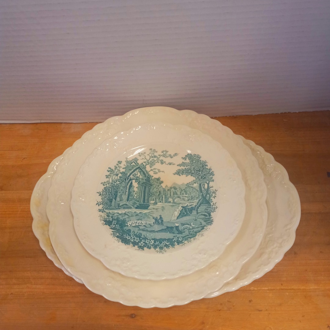 Set of 3 Antique Plates Green Transferware English Abbey, Set of 3 ...