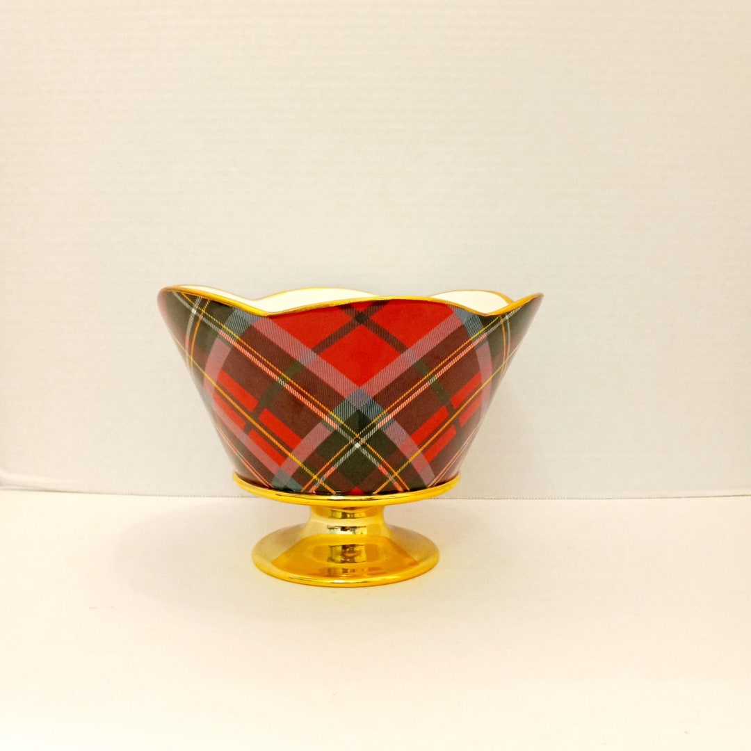 Vintage Holiday Bowl, Teleflora Plaid Red and Green Pedestal Bowl ...
