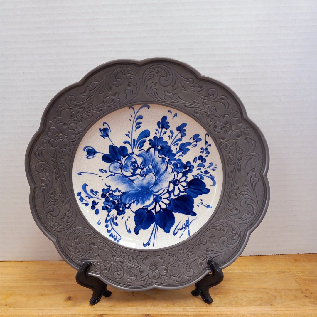 Delft Plate in Pewter, Peltro 95% Pewter & Porcelain Wall Plaque, Blue ...