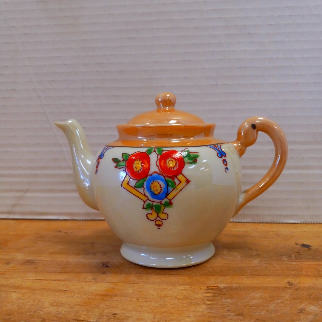 Vintage Lusterware Mini Teapot: Red & Blue Floral Cottage Decor - Etsy