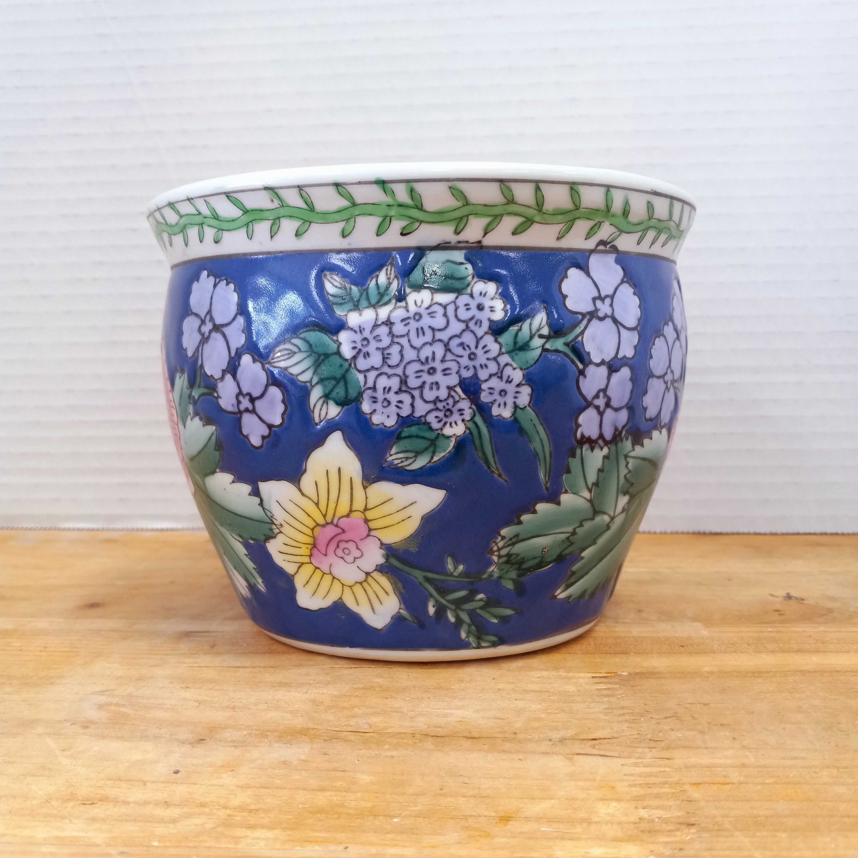 Vintage Ocean Blue Fish Bowl Planter With Flowers Vintage - Etsy