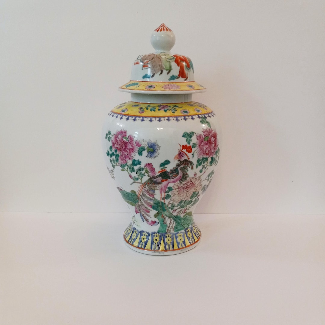 Antique Ginger Jar Cranes Birds and Peonies, Large Famille Rose ...