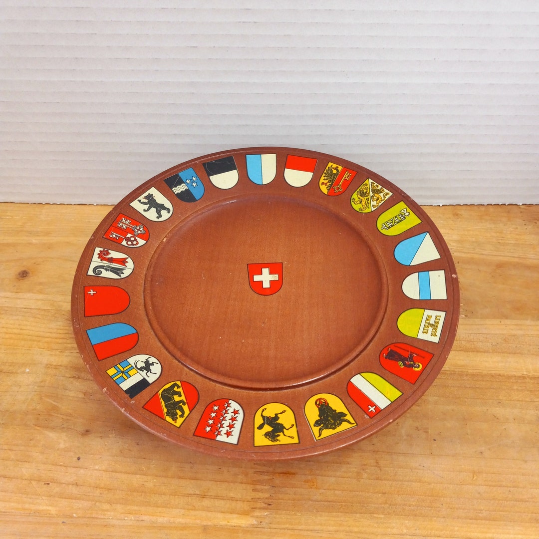 Vintage Flags of Swiss Cantons Musical Box Shaped Like Plate, Flags of ...