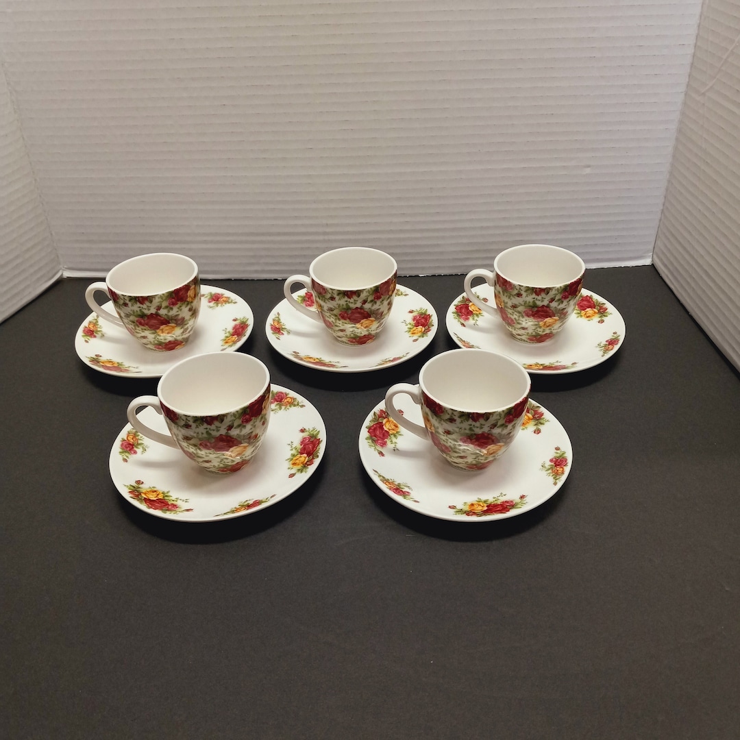 Set of 5 Mini Teacups Country Roses, 5 Teacups Pink and Yellow Roses ...