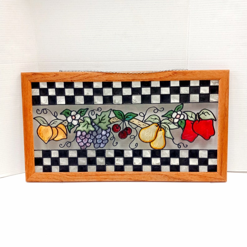 Stained Glass Fruit Window Panel: Checkered Border, Farmhouse ...