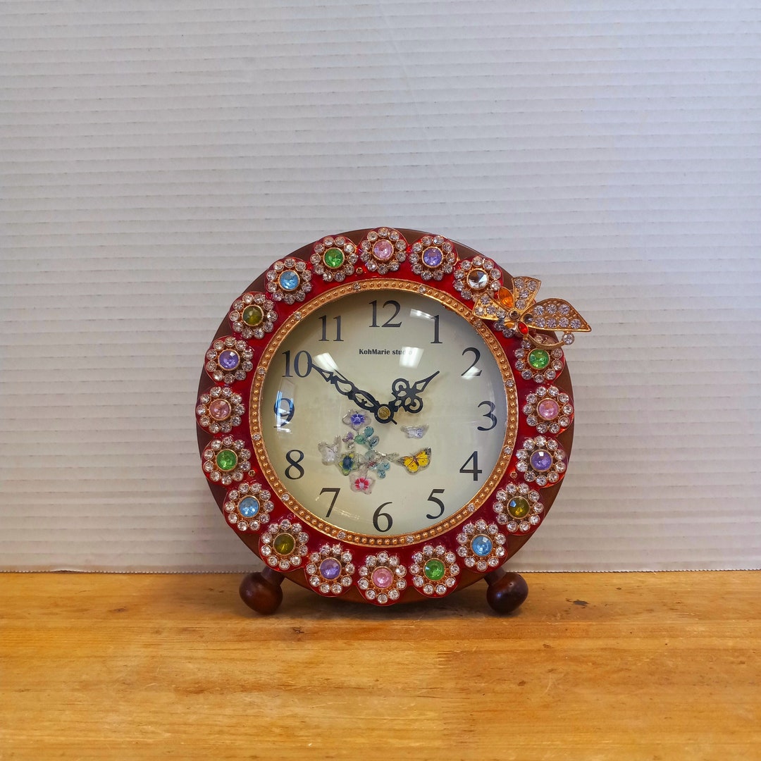 Vintage Round Wood Clock With Butterfly & Jewels, Koh Marie Studio ...